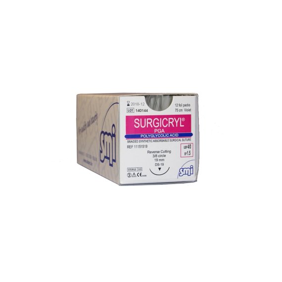 SMI SURGICRYL PGA EP 1.5 USP 4/0 NEEDLE 1/2 CIR TAPER 17MM / 75 CM x 12