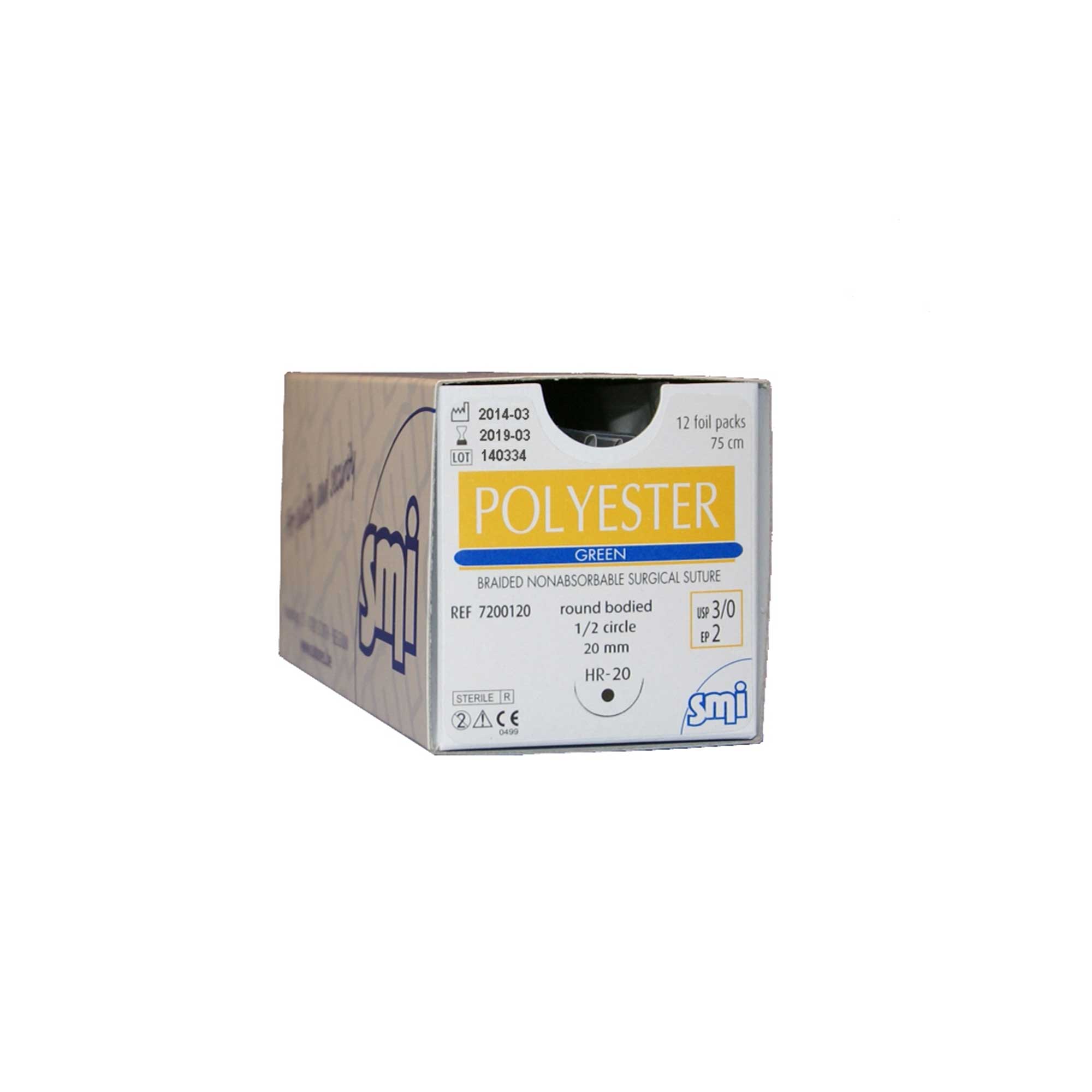 SMI POLYESTER GREEN 75 CM EP 3 USP 2/0 NEEDLE 3/8 CIR REV. CUTTING 30 MM x 12