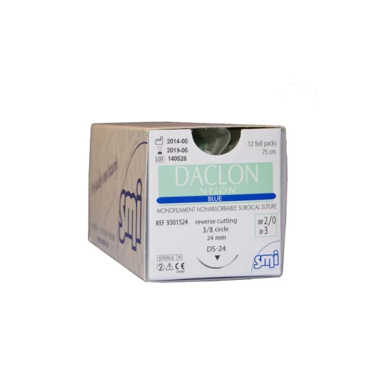 SMI DACLON NYLON MONOFIL 75 CM EP 3 USP 2/0 NEEDLE 3/8 REV.CUT 24 MM x 12